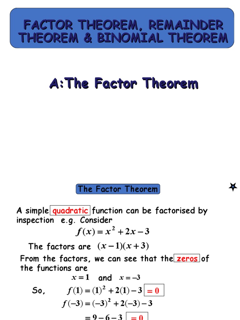B1 G. Factor Theorem, Remainder Theorem, Binomial Theorem | PDF | Factorization | Polynomial