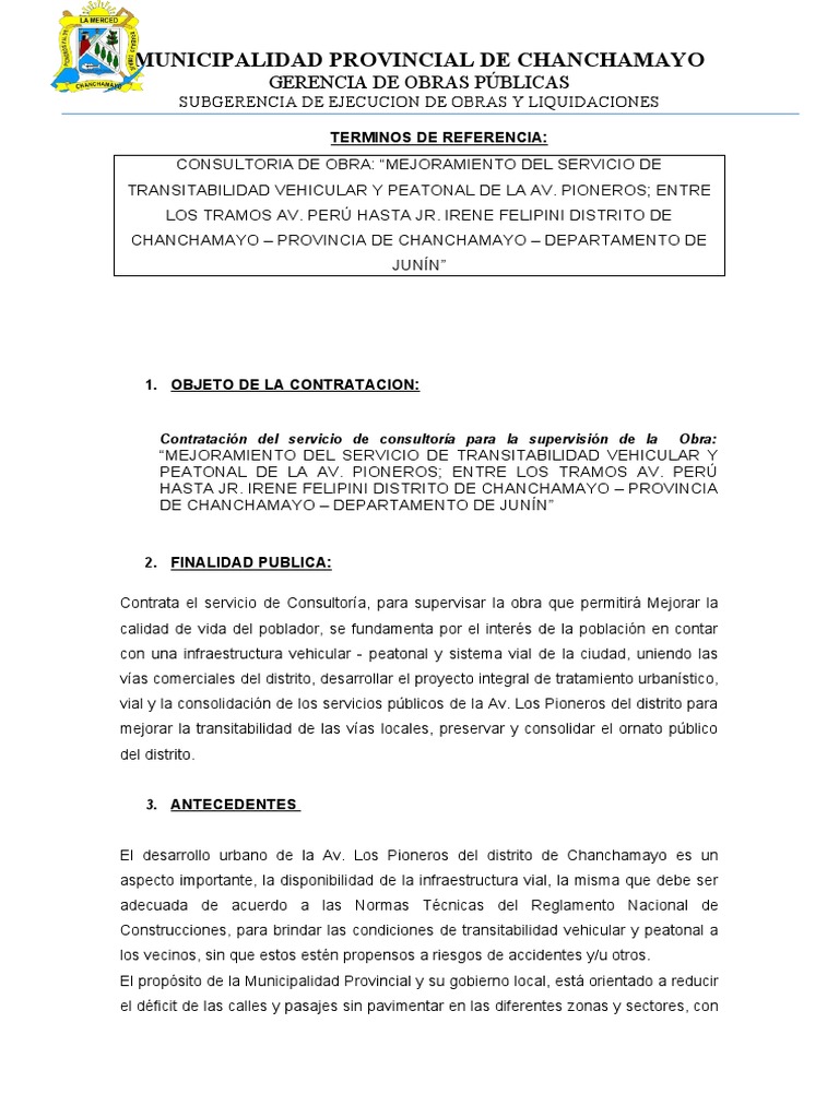 TDR PIONEROS SUPERVISION - Modificado | PDF | Ingeniero civil | Business