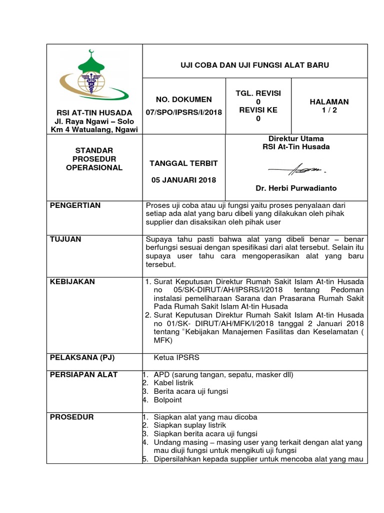 7 SPO Uji Coba Dan Uji Fungsi Alat Baru | PDF