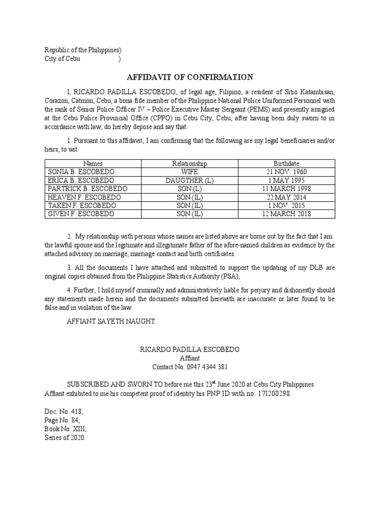 PNP Officer Affirms Legal Heirs | PDF