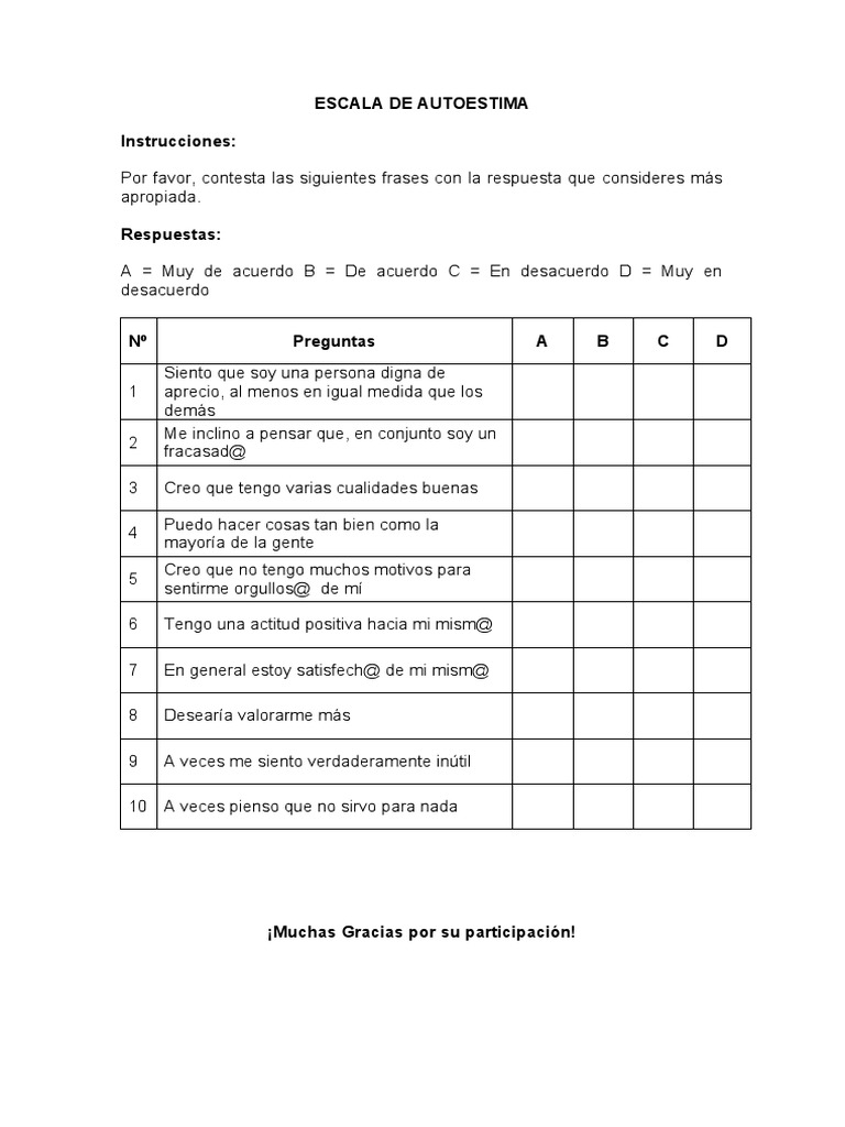 Escala de Autoestima de Rosenberg | PDF