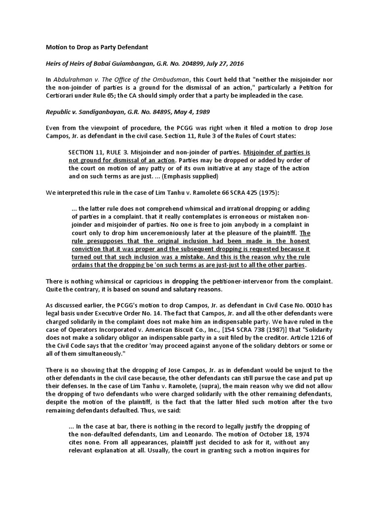 Research - Motion To Drop As Party Defendant | PDF | Lawsuit | Complaint