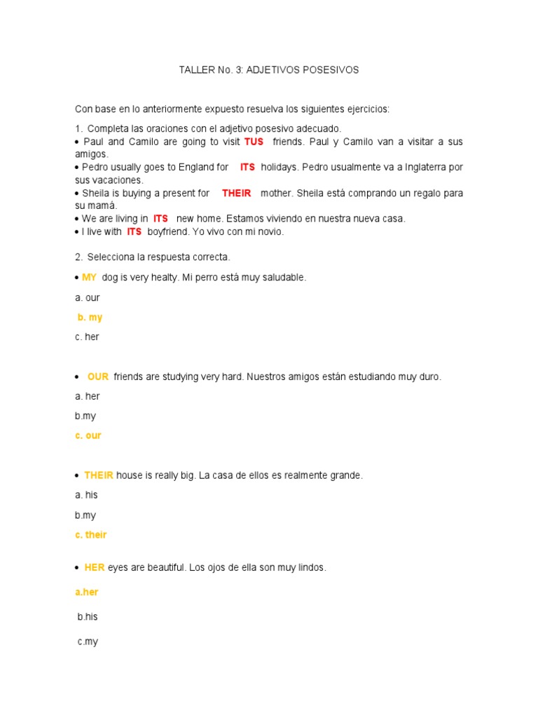 Taller Adjetivos Posesivos | PDF | Artes del Lenguaje y Comunicación