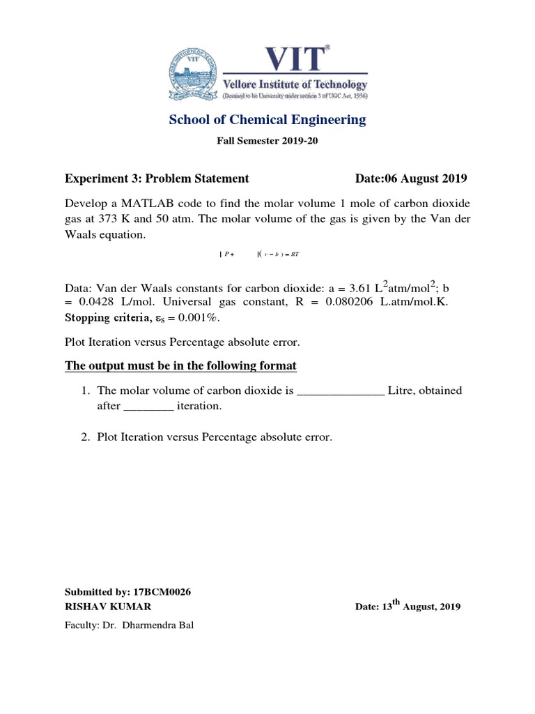 School of Chemical Engineering: Experiment 3: Problem Statement Date:06 ...