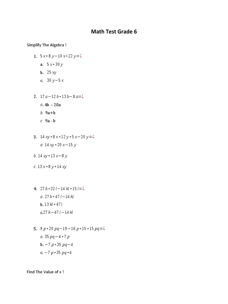 Math Test Grade 6 | PDF | Teaching Mathematics