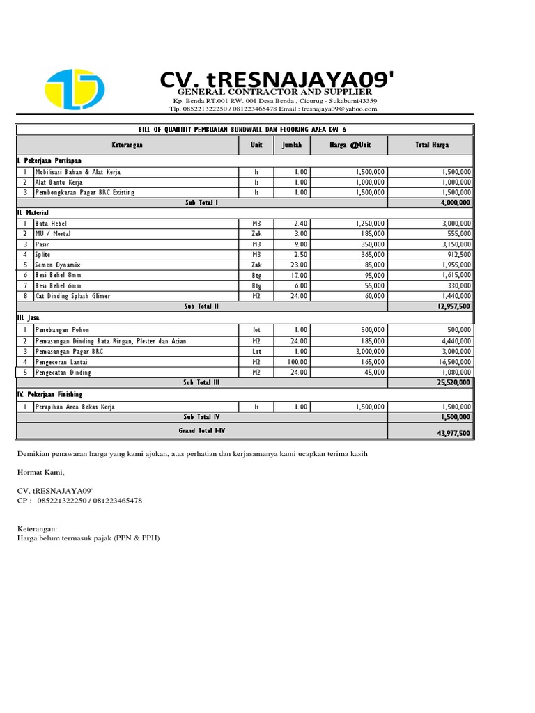 BQ Pembuatan Bundwall Dan Flooring Area DW.6 PDF | PDF