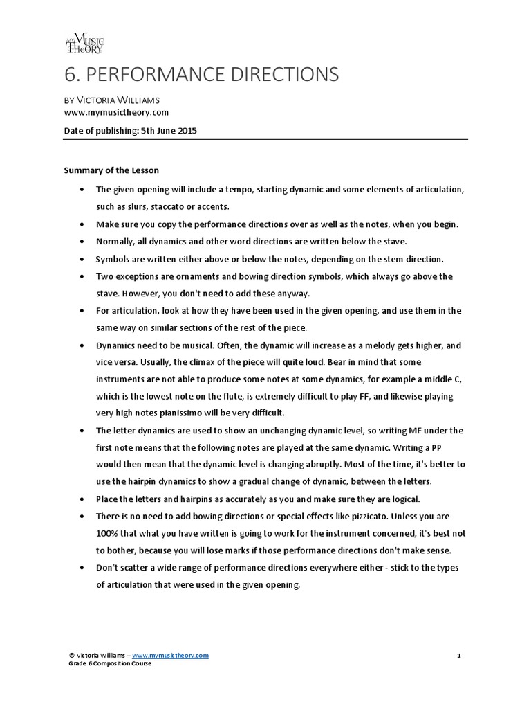 Performance Directions: Summary of The Lesson | PDF | Music Theory ...