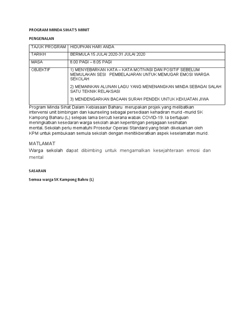 UBK Kertas Kerja Program Minda Sihat | PDF