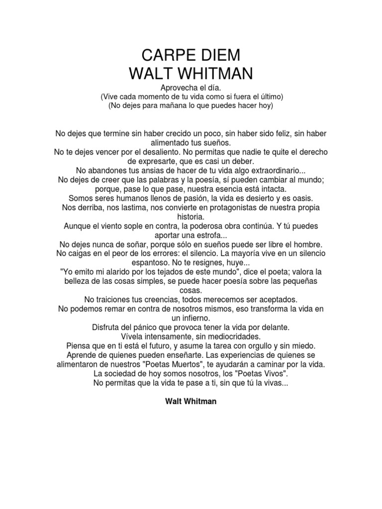Carpe Diem: Vive el Presente con Whitman | PDF