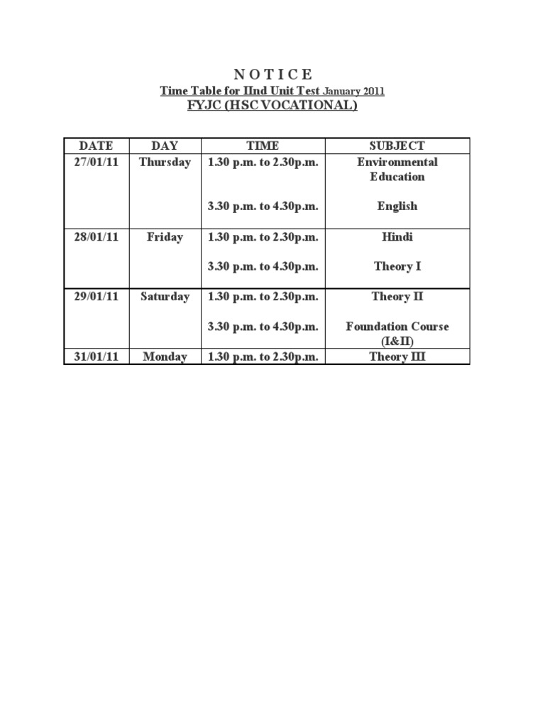 FYJC IInd Unit Test Time Table 2011 | PDF | Language Arts & Discipline ...
