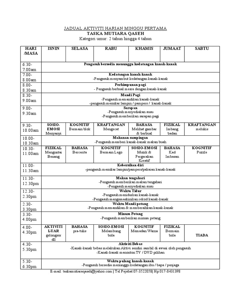 Contoh Jadual Aktiviti Harian Minggu Pertama | PDF