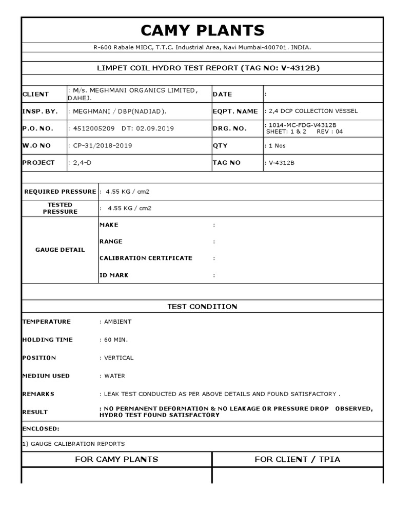 Hydrotest Report | PDF | Leak | Pressure