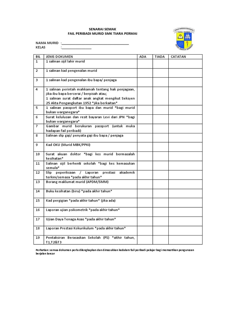 Senarai Semak Dokumen Fail Pelajar SMKTP 2020 | PDF