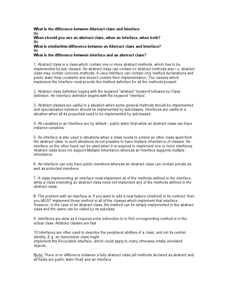 Expalnatio About Interface And Abstract Class Pdf Class Computer Programming Method