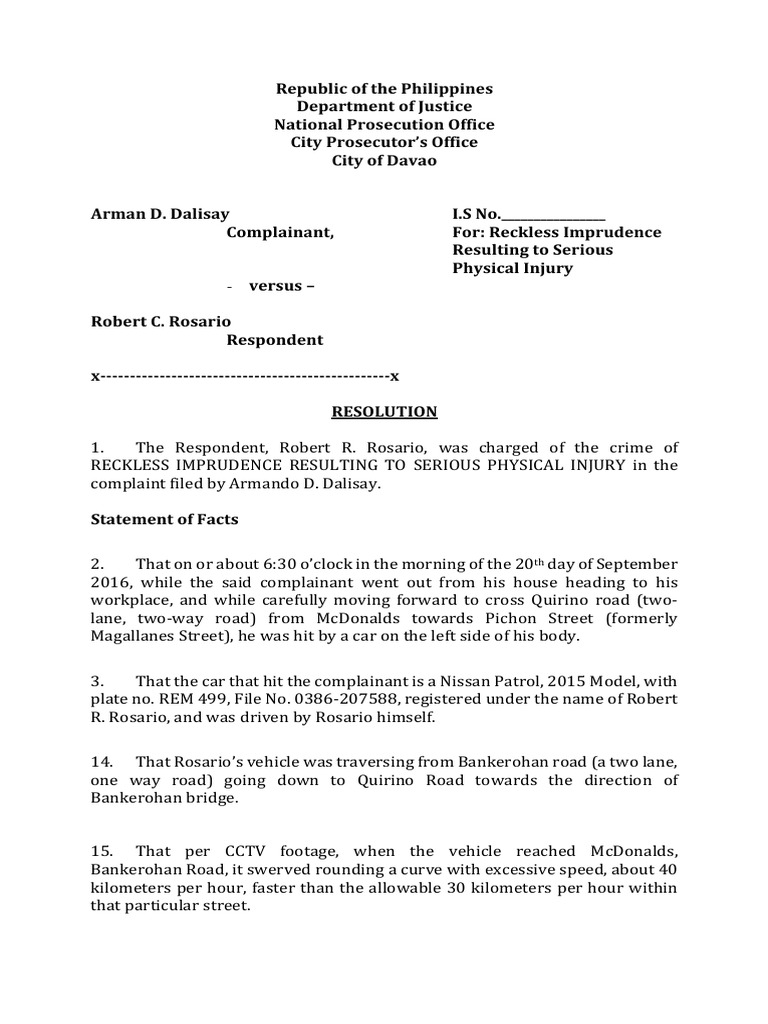 Resolution. Reckless Imprudence Resulting To Serious Physical Injury ...