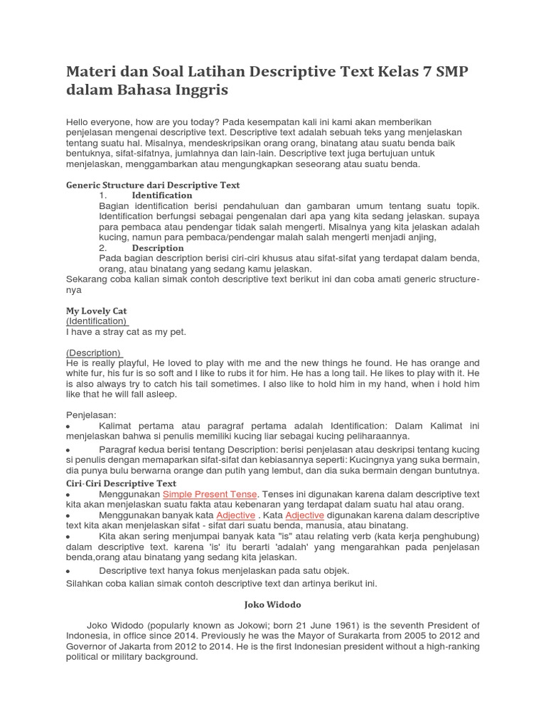 Materi Dan Soal Latihan Descriptive Text Kelas 7 SMP Dalam Bahasa Inggris Copy Converted 1 | PDF