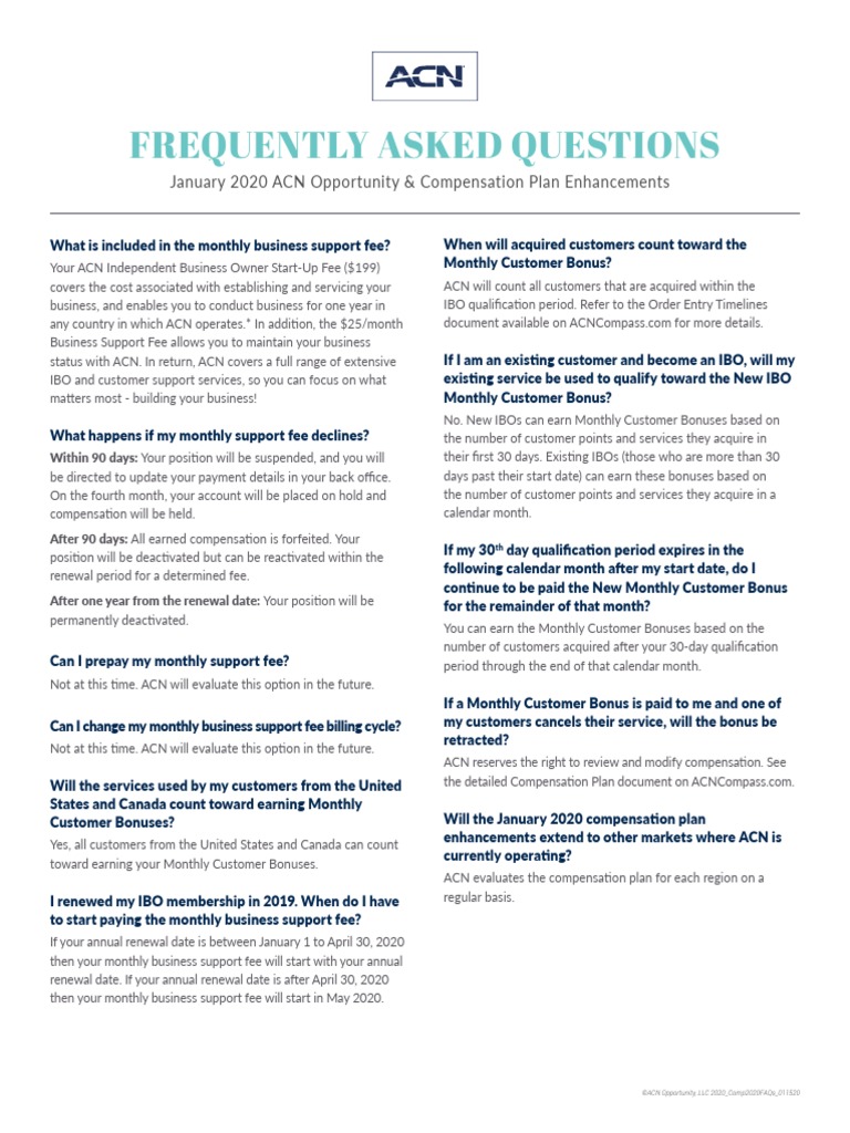 Frequently Asked Questions: January 2020 ACN Opportunity & Compensation ...