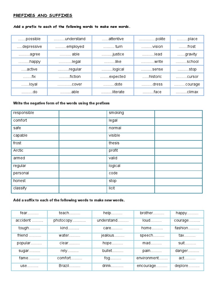 Prefixes and Suffixes: Add A Prefix To Each of The Following Words To ...