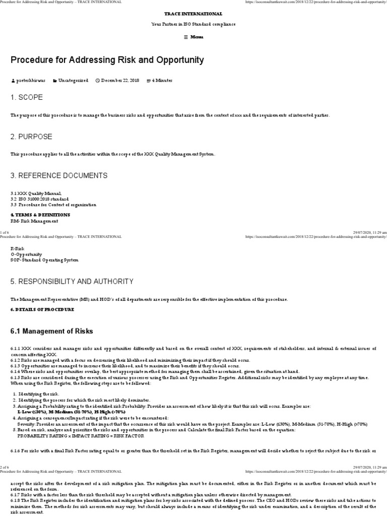 Procedure For Addressing Risk and Opportunity | PDF | Risk Assessment ...