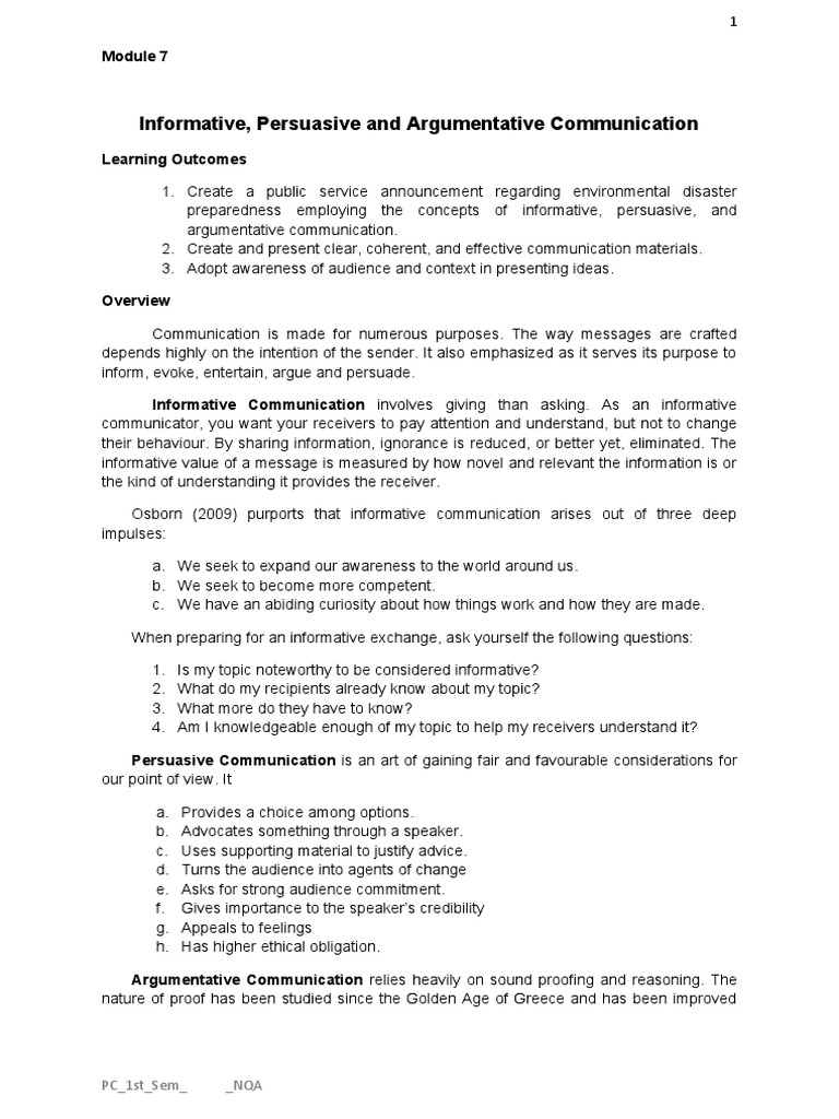 Informative, Persuasive and Argumentative Communication: PC - 1st - Sem ...