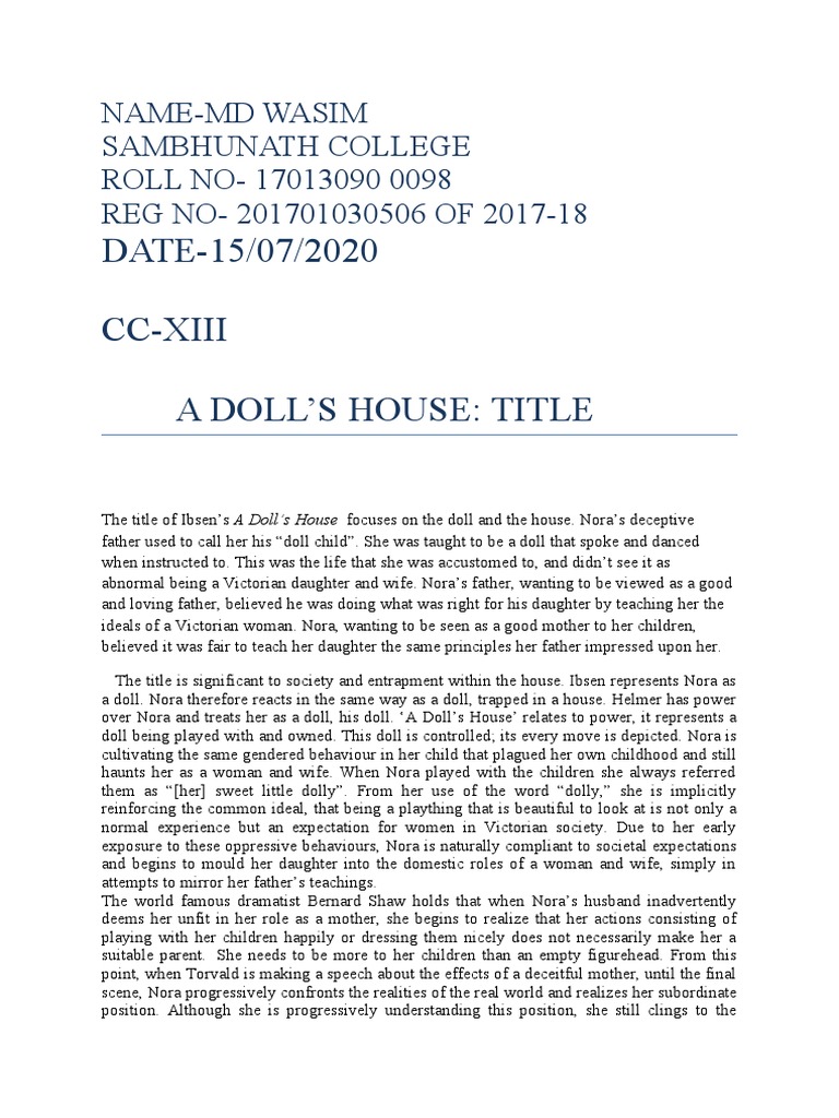 DATE-15/07/2020 Cc-Xiii A Doll'S House: Title | PDF | Feminism | Gender ...