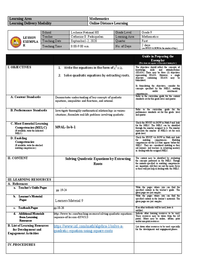 LESSON EXEMPLAR GRADE 9-Math.2days - New | PDF | Quadratic Equation ...