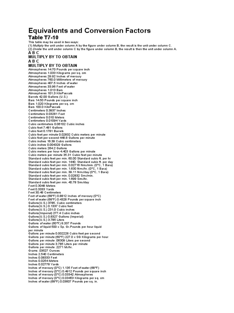 Equivalents and Conversion Factors | PDF | Gallon | Pound (Mass)