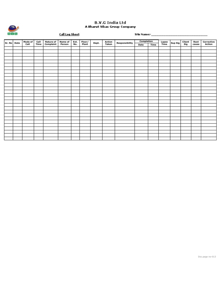 Call Log Sheet for B.V.G India Ltd documenting customer service issues ...