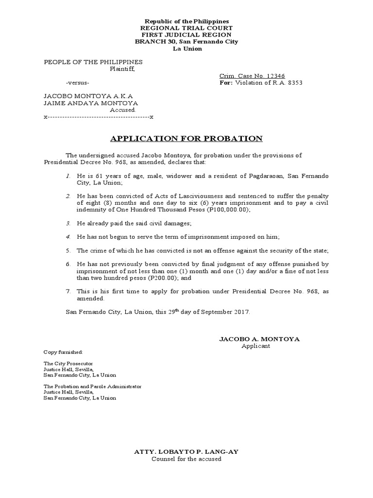 Application For Probation | PDF | Probation | Fine (Penalty)