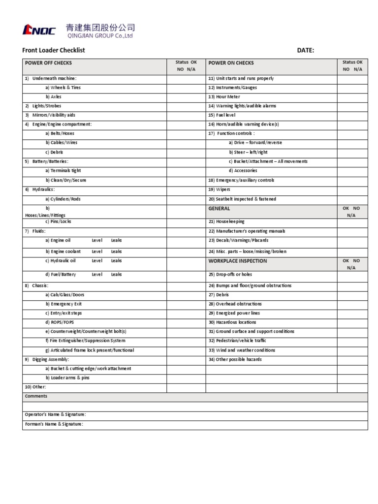 Front Loader Daily Inspection | Download Free PDF | Loader (Equipment ...