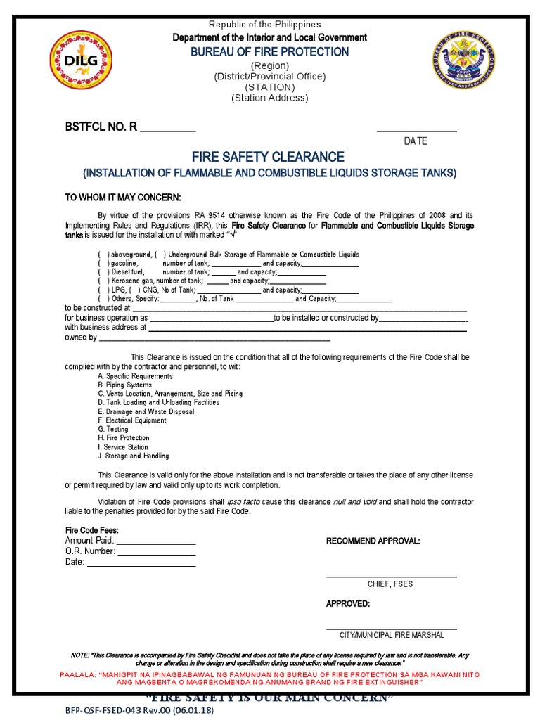 FSED 043 Fire Safety Clearance Installation of Flammable and ...