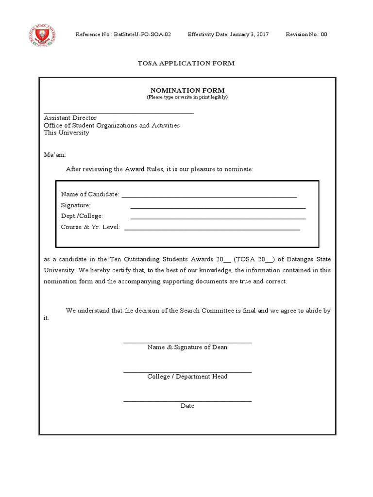 BatStateU FO SOA 02 - TOSA Application Form | PDF | Academia | Behavior ...