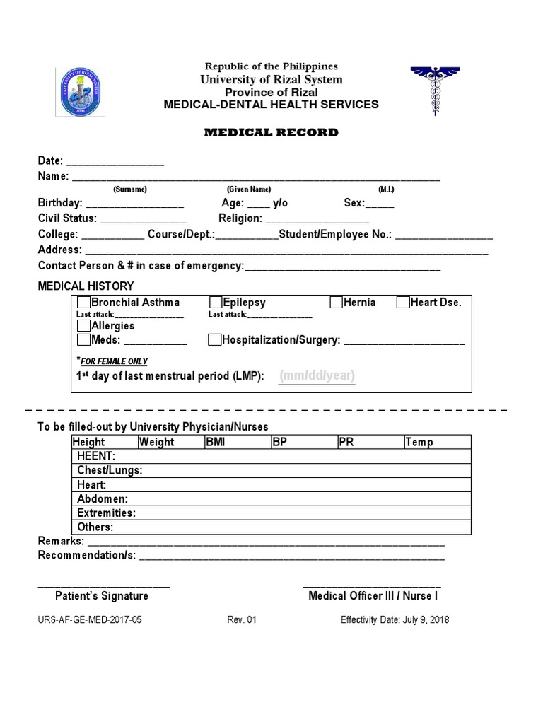 Republic of The Philippines Province of Rizal Medical-Dental Health ...