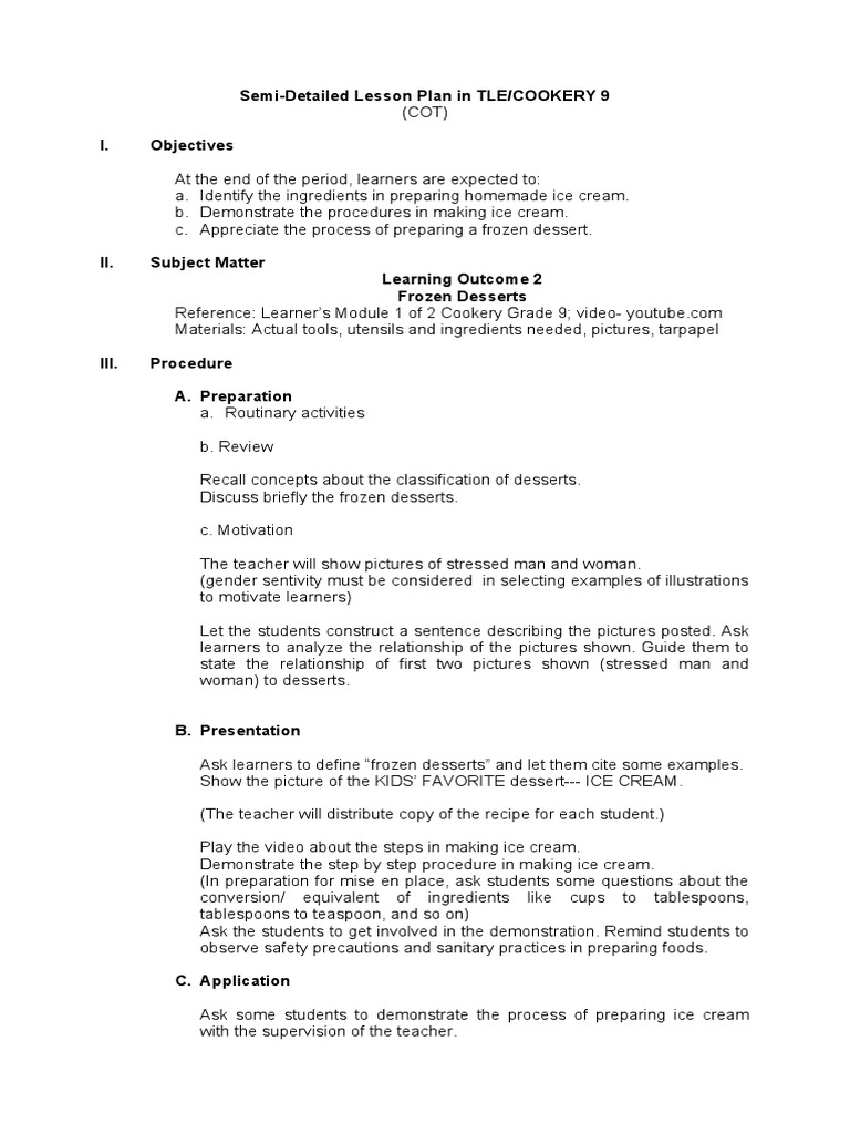 Semi-Detailed Lesson Plan in TLE/COOKERY 9 | PDF | Ice Cream | Lesson Plan