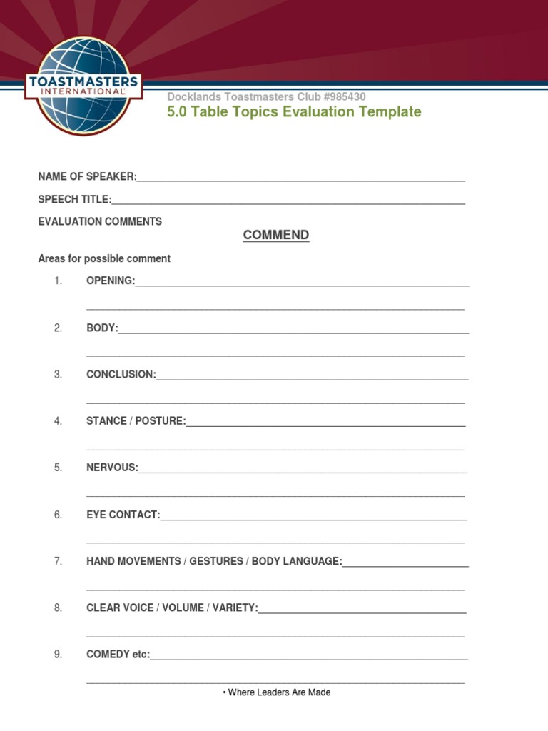Toastmasters Speech Evaluation Template | PDF | Business