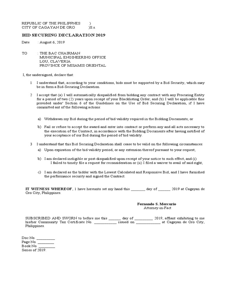 Bid Securing Declaration 2019 | PDF | Virtue | Social Institutions