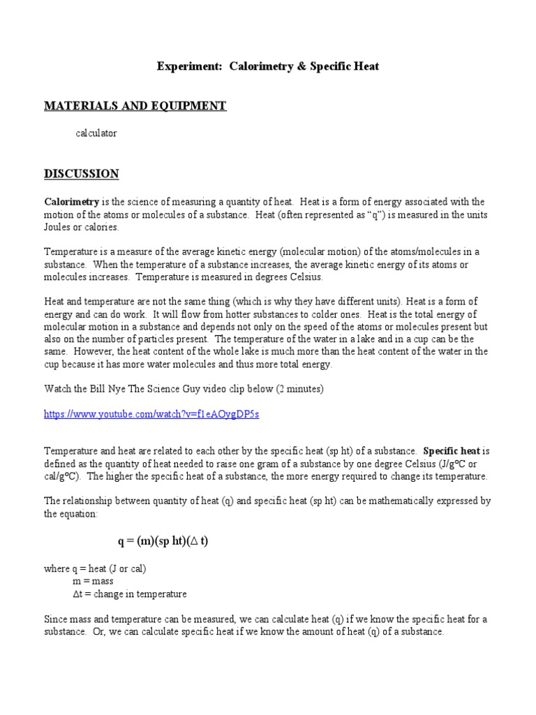 Calorimetry and Specific Heat Experiment | PDF | Calorie | Heat