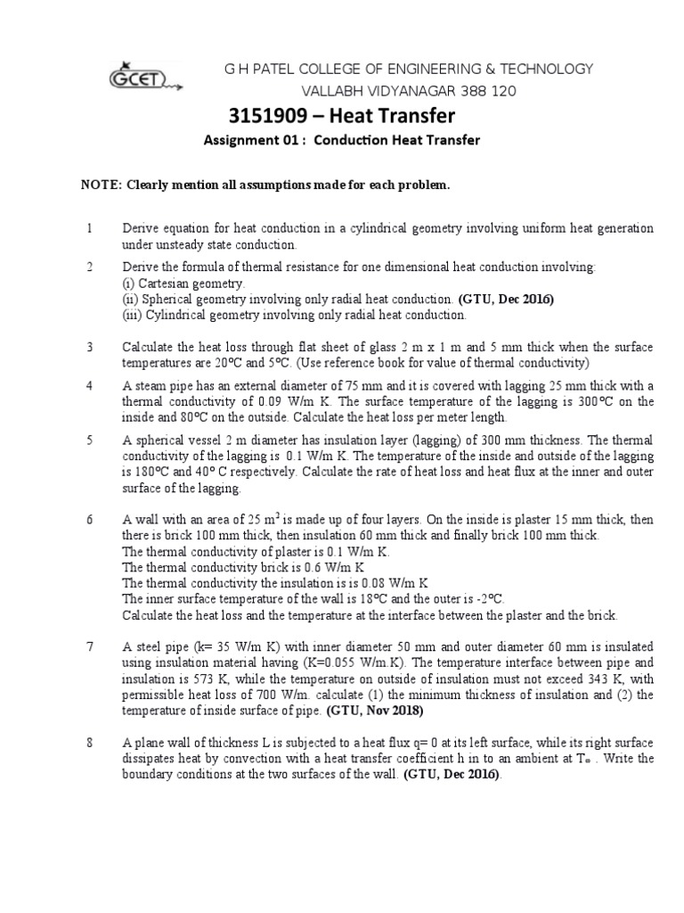 Assignment-1 Conduction Heat Transfer | PDF | Thermal Insulation | Heat Transfer