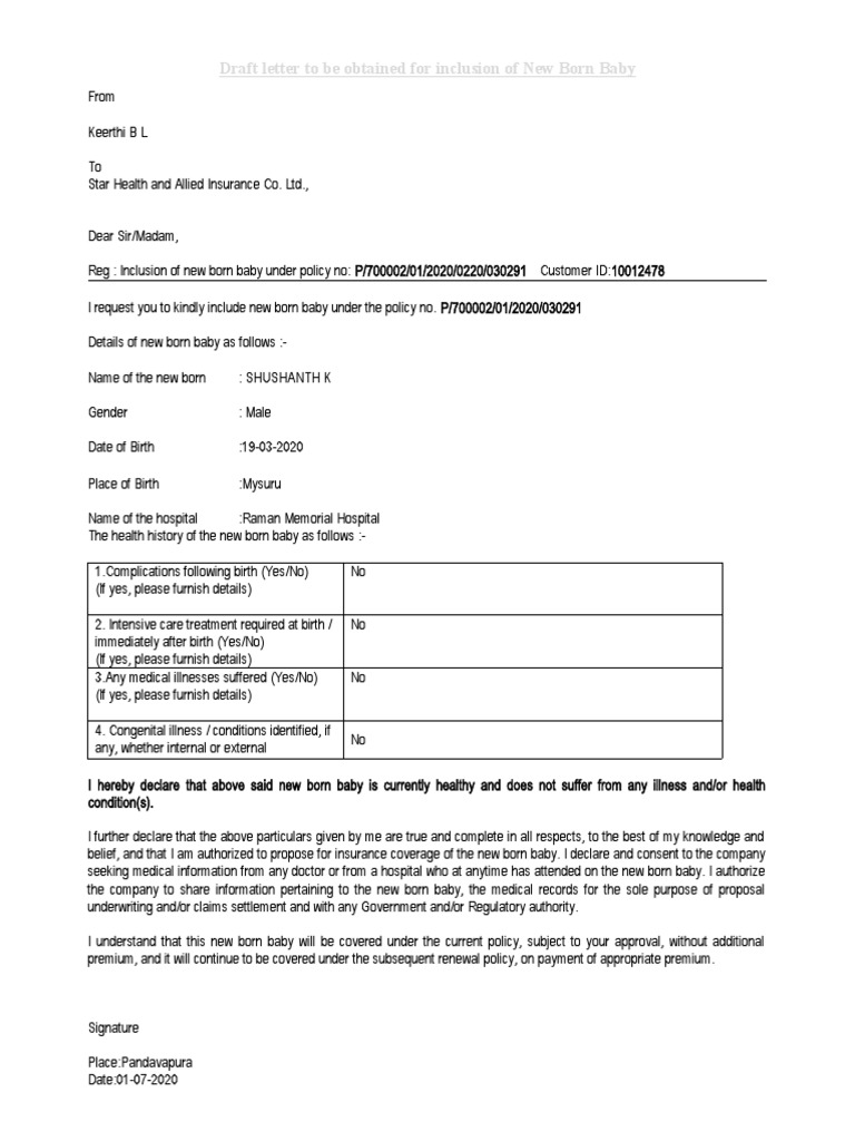 Letter For Mid Term Inclusion of New Born Baby | PDF