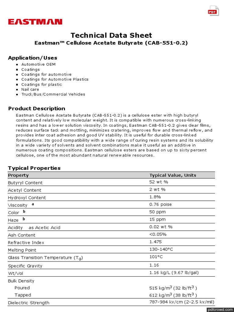 Technical Data Sheet: Eastman™ Cellulose Acetate Butyrate (CAB-551-0.2) Application/Uses | PDF ...