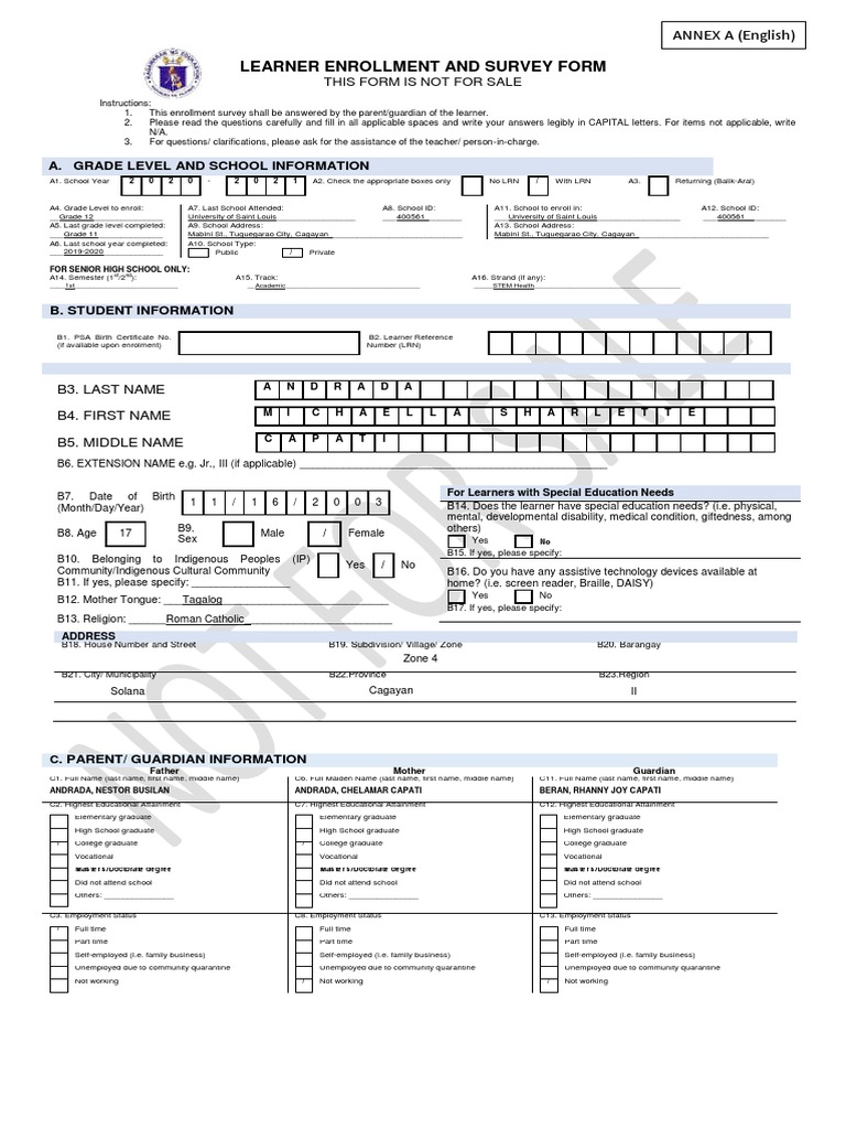 Learner Enrollment and Survey Form: A. Grade Level and School ...