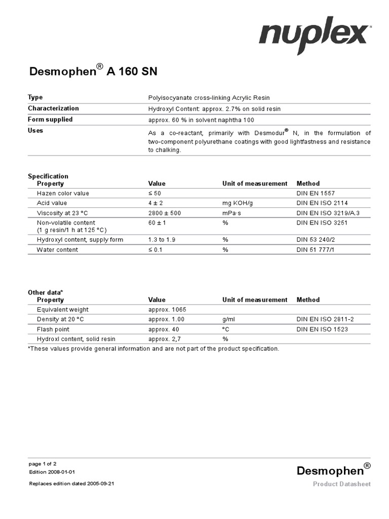 Desmophen A 160 SN: Type Characterization Form Supplied Uses | Download ...