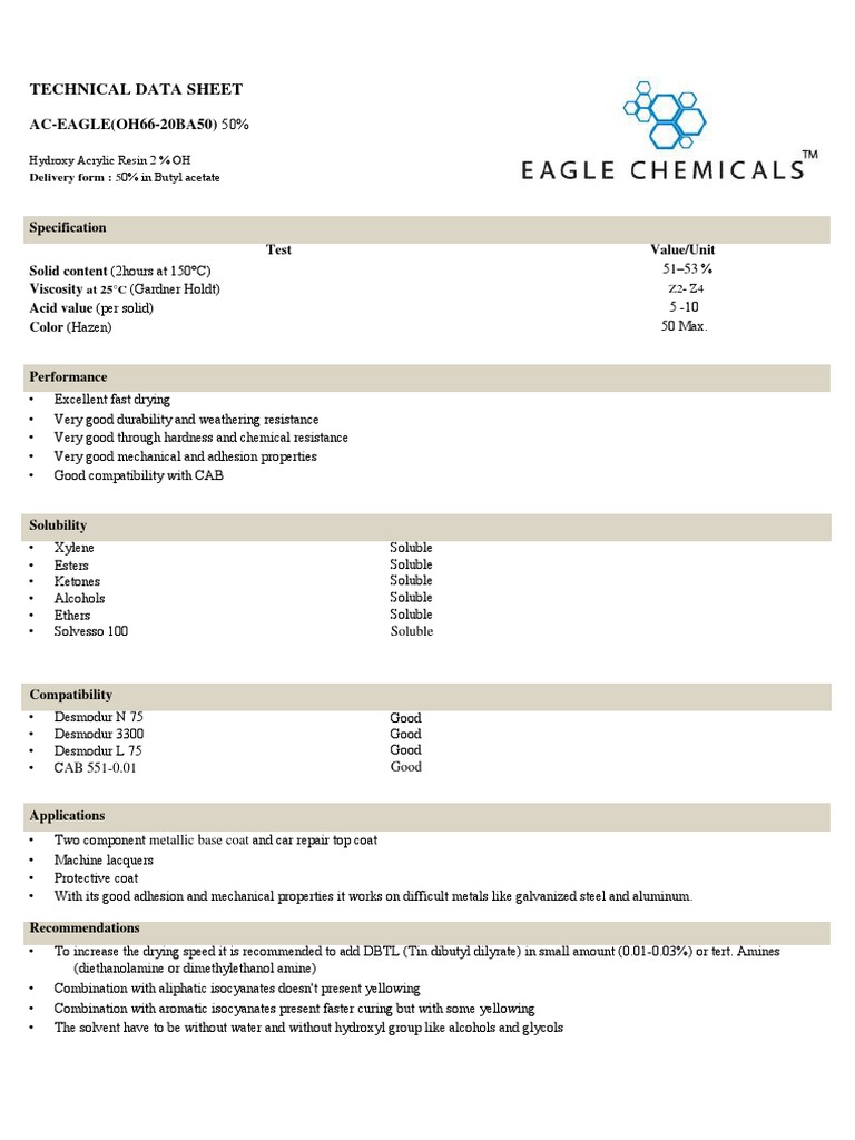 Technical Data Sheet: AC-EAGLE (OH66-20BA50) | PDF | Solubility | Alcohol