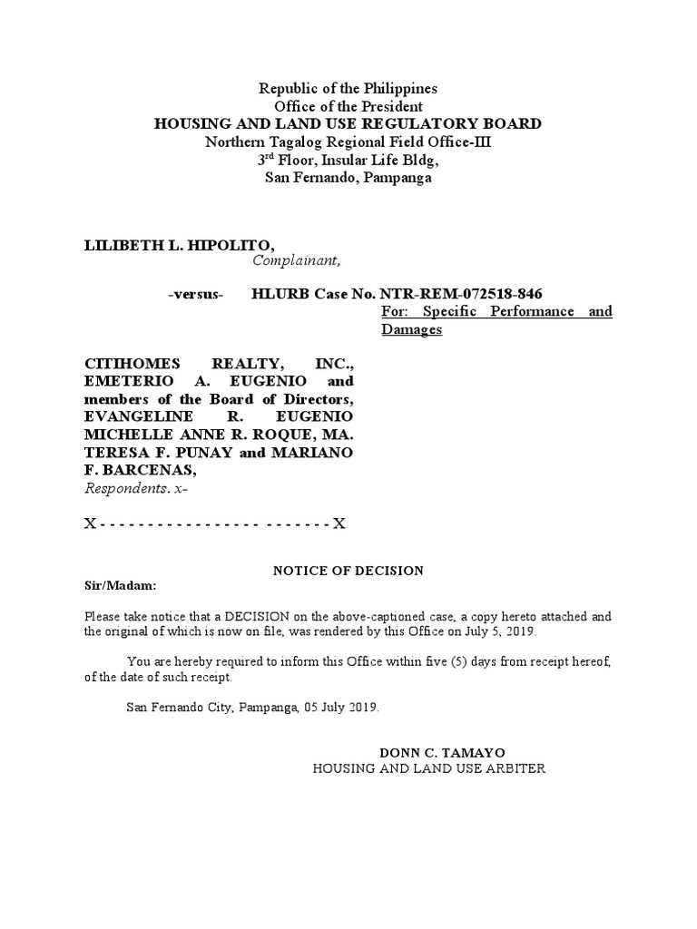 Republic of The Philippines Office of The President Northern Tagalog ...