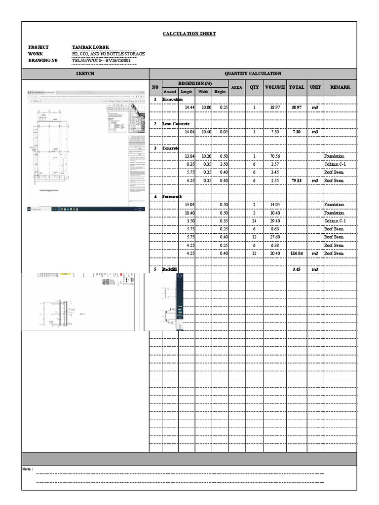 Project Work Drawing No Sketch Quantity Calculation Dimension (M) QTY ...