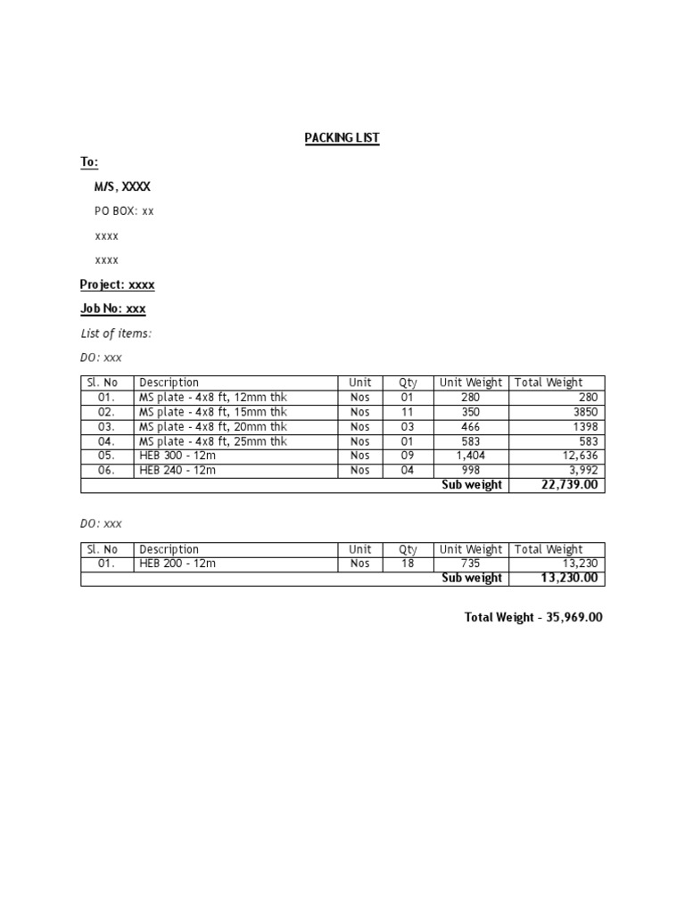 Sample Packing List - Steel Structure | PDF