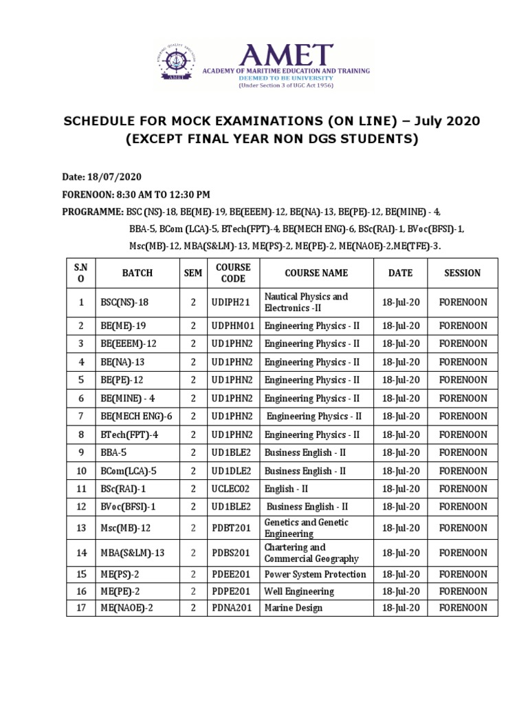 Mock Exam Time Table JUly 2020 | PDF | Engineering | Nature