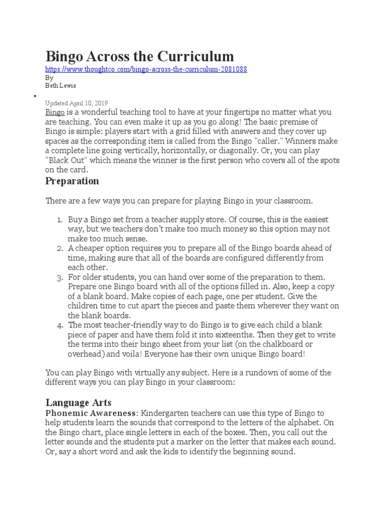 Creative Bingo Teaching Strategies | PDF | Word | Numbers