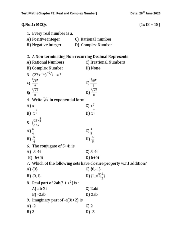 9th Class (Test Chapter 2) | PDF | Numbers | Complex Number