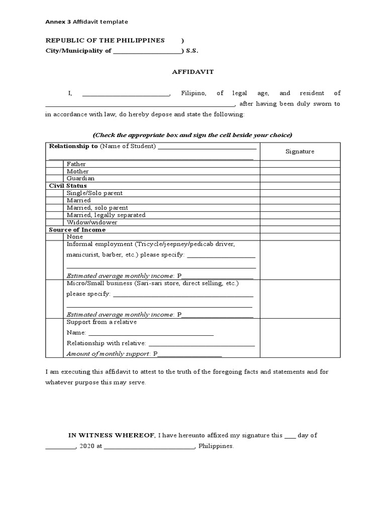 Annex 3 Affidavit Template | PDF | Affidavit | Document
